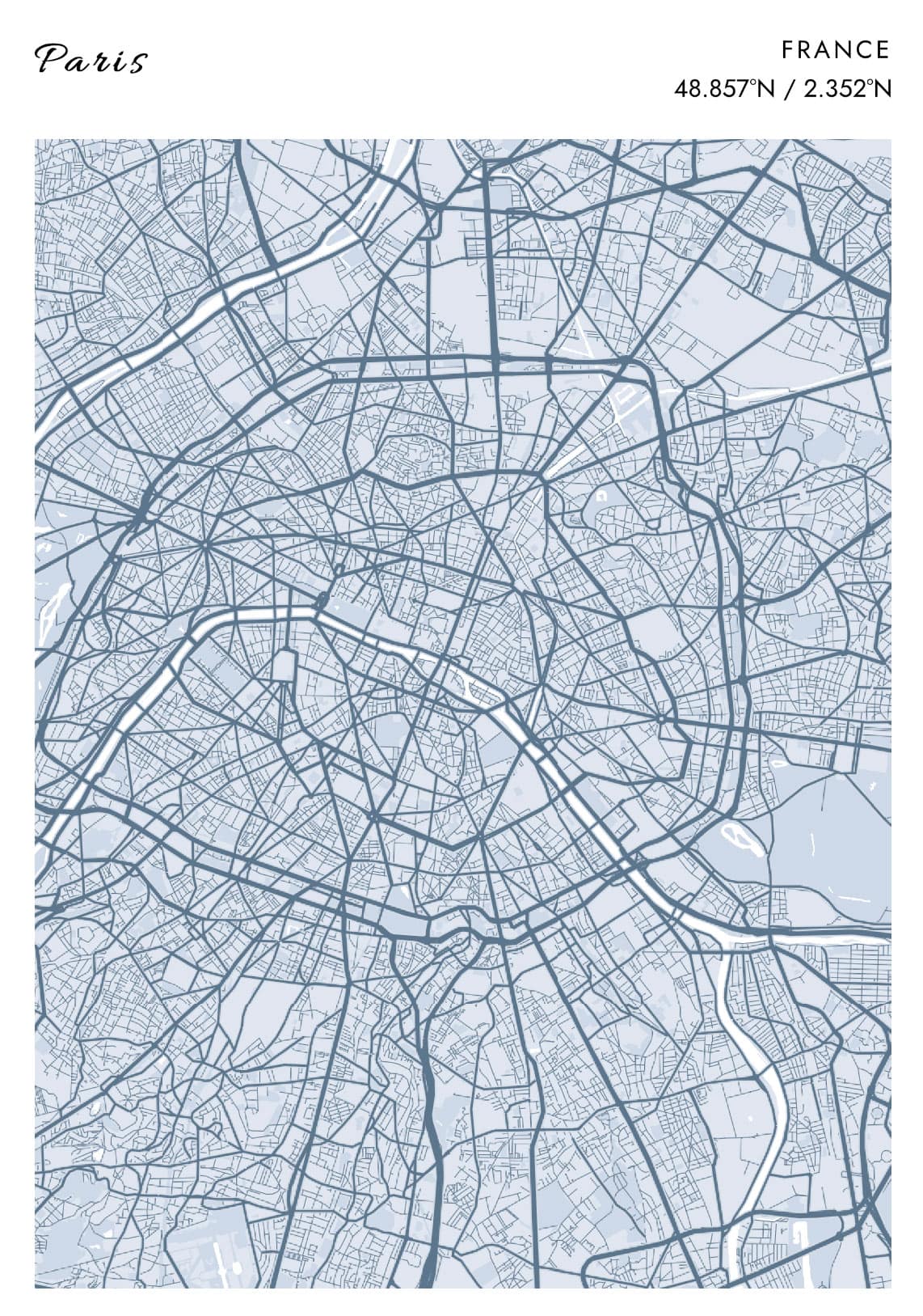 Paris Steel Blue Map Poster - Poster Star